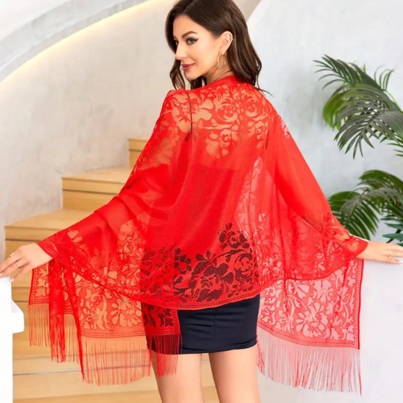 Accessories | New Red Lightweight Lace Shawl Wrap With Fringe 7x26 ...